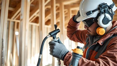 Expert Builder Professionally Applying High Density Spray Foam Insulation To A New Homes