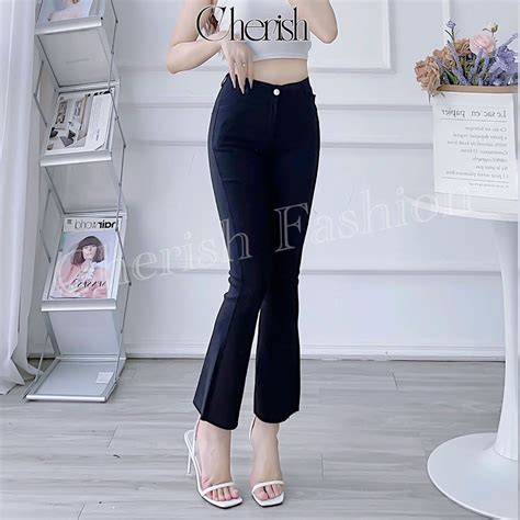 Quần Jean ống Loe Lưng Cao Nữ Quần Bò Giấy Cạp Cao Co Giãn Gấu Tua Rua