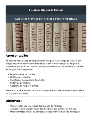 Aula Ciencia da religião Disciplina Ciências da Religião Aula