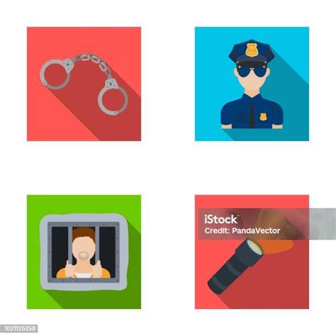 수 갑 경찰관 죄수 손전등입니다 경찰 평면 스타일 벡터 기호 재고 일러스트 레이 션 웹에서 컬렉션 아이콘을 설정합니다 경찰관에