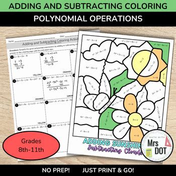 Adding And Subtracting Polynomials Coloring Activity Polynomial Operations