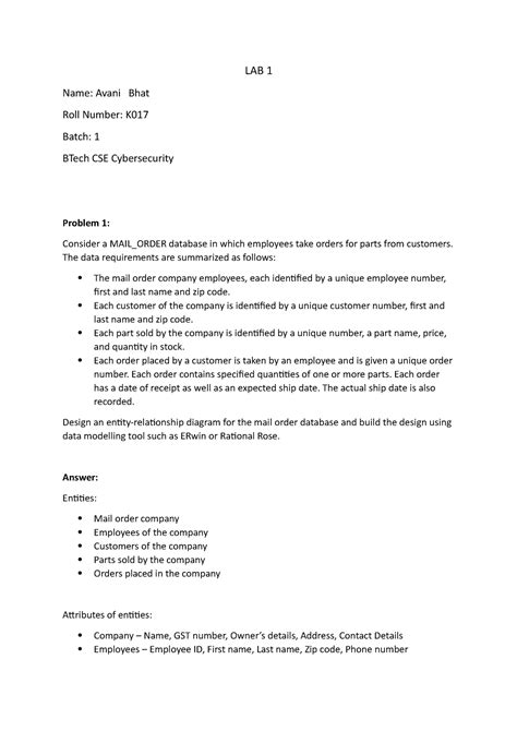 Lab 1 Dbms Dbms Lab 1 Name Avani Bhat Roll Number K Batch 1