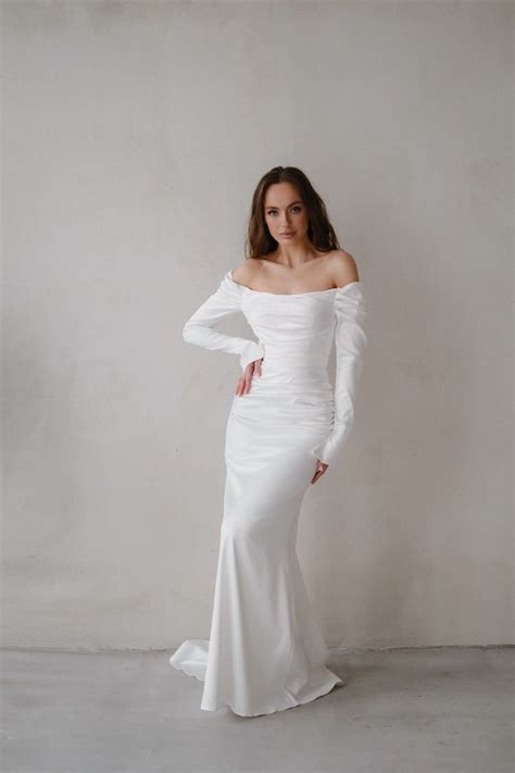 Off The Shoulder Wedding Dresslong Sleeves Wedding Dress Satin Dress