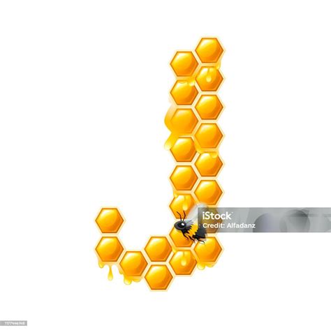 蜂窩字母 J 與蜂蜜滴和蜜蜂平面向量插圖隔離在白色背景上向量圖形及更多六角形圖片 六角形 蜂巢式樣 剪裁圖 Istock
