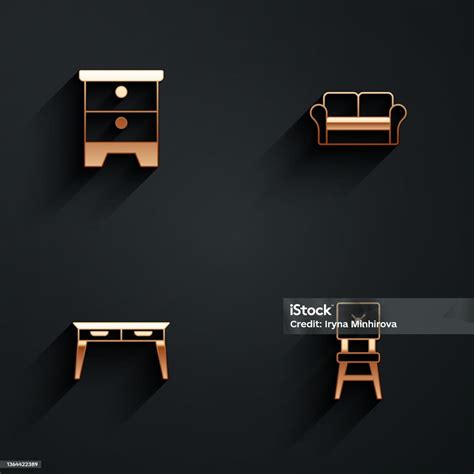 가구 나이트 스탠드 소파 사무실 책상 및 긴 그림자의 의자 아이콘을 설정합니다 벡터 가구에 대한 스톡 벡터 아트 및 기타 이미지