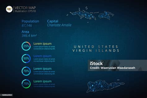 미국령 버진 아일랜드 지도 인포그래픽 벡터 템플릿은 파란색 배경에 추상적인 기하학적 메쉬 다각형 조명 개념을 가지고 있다 다이어그램 그래프 프리젠테이션 및 차트를 위한