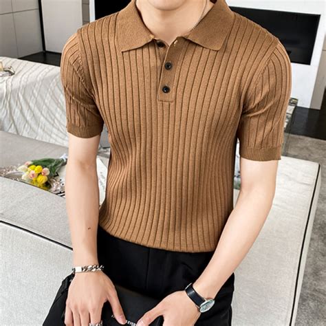 남성용 니트 폴로 셔츠 단색 반팔 라펠 티 셔츠 슬림 비즈니스 소셜 폴로 탑 스트리트웨어 옴므 2022 여름 Aliexpress