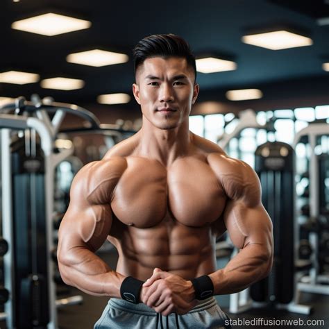 Handsome Asian Bodybuilder Working Out At The Gym Prompts Stable