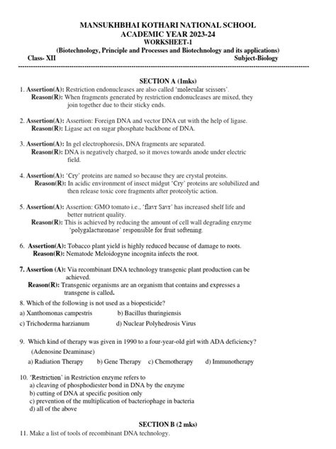Xii Worksheet 1 2023 Pdf Genetically Modified Organism Molecular Cloning