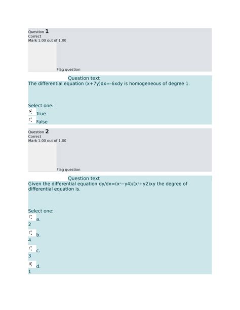 De1 Quiz Question 1 Correct Mark 1 Out Of 1 Flag Question Question Text The Differential