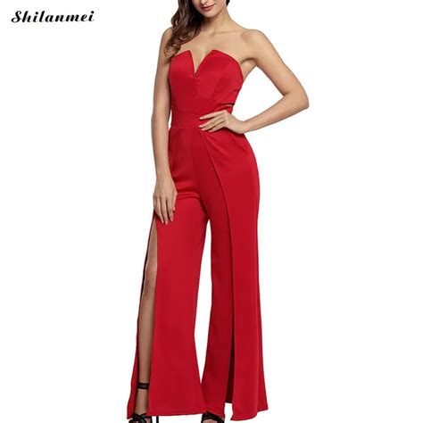 Sexy Jumpsuits For Women 2017 Red White Deep V Neck Cut Jumpsuits