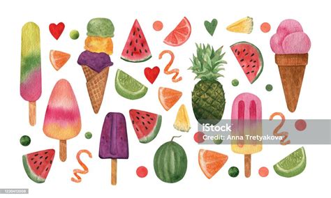 인사말 카드 포스터 조리법 요리 디자인에 대한 손으로 그린 수채화 컬렉션 아이스크림과 과일 흰색 배경에 격리 귀여운 컬러풀한 여름 일러스트 개체 그룹에 대한 스톡 벡터 아트