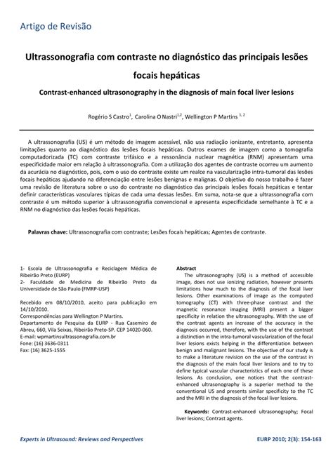 Pdf Ultrassonografia Com Contraste No Diagn Stico Das Principais Les Es Focais Hep Ticas