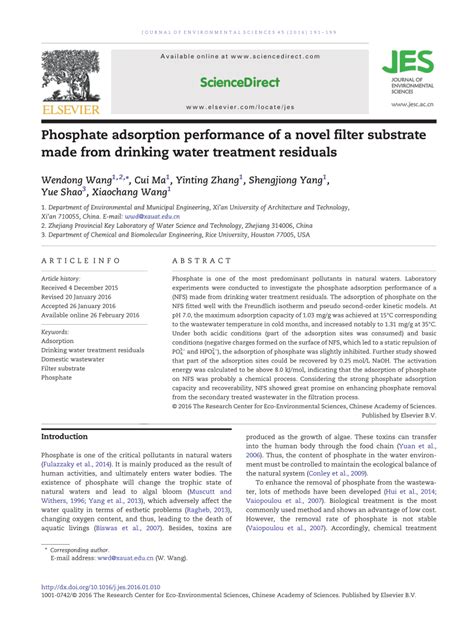 Pdf Phosphate Adsorption Performance Of A Novel Filter Substrate Made From Drinking Water