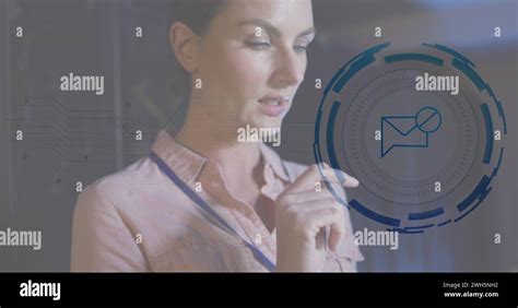 image of data processing over caucasian female worker in server room