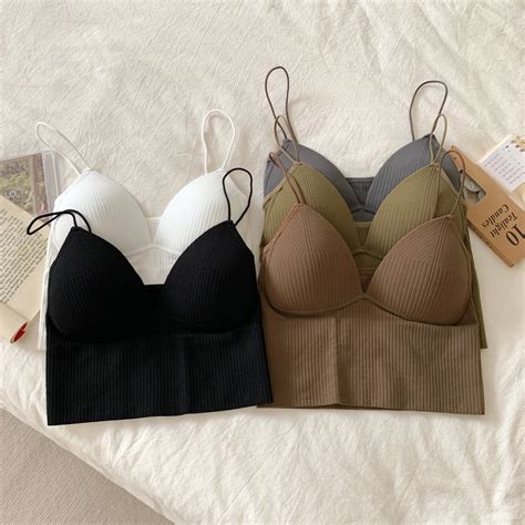 여성 탑 섹시한 솔리드 크롭 탱크 민소매 슬림 캐미 브래지어 기본 속옷 패딩 티몬