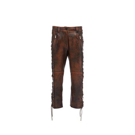 Miu Miu Vintage Look Laced Nappa Leather Pants In Cognac Black ModeSens