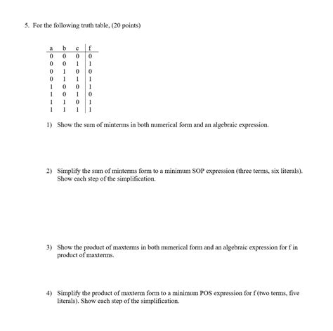 Solved 5 For The Following Truth Table 20 Points 1