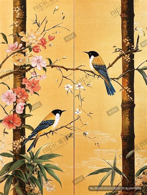 Ai创作图松竹梅屏风 手绘工笔花鸟屏风 工笔花鸟屏风 高端壁画竹林双雀图 古风瑞鹤花鸟屏风 花鸟图屏风 花鸟艺术屏风 竹鸟壁画 松竹梅喜鹊 春夏秋冬屏风 手绘花鸟屏风壁画 巨幅竹鸟装饰画 屏风