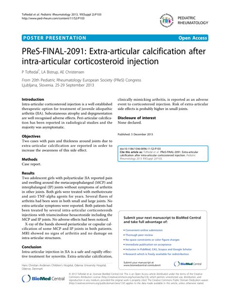 Pdf Pres Final 2091 Extra Articular Calcification After Intra Articular Corticosteroid Injection