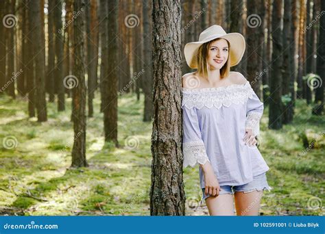 Girl In The Woods Stock Image Image Of Admiring Nature 102591001