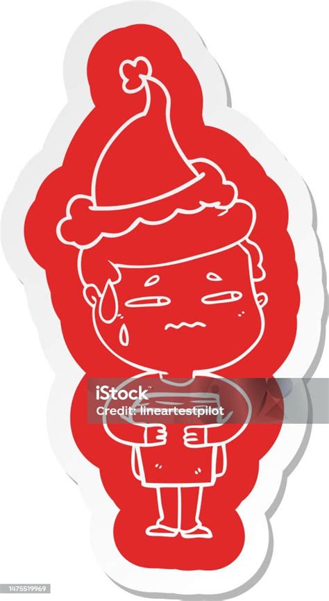 산타 모자를 쓰고 책을 들고 있는 불안한 소년의 기발한 만화 스티커 걱정하는에 대한 스톡 벡터 아트 및 기타 이미지 걱정하는 귀여운 나름 Istock
