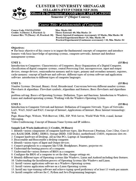 Computer Application Syllabus Cluster University Srg Pdf Operating System Desktop Computer