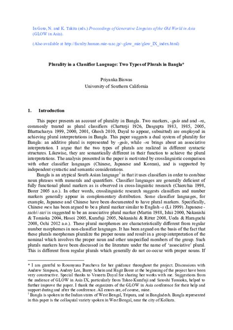 Pdf Plurality In A Classifier Language Two Types Of Plurals In Bangla