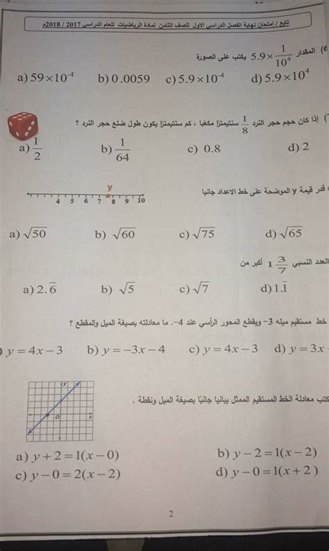 الامتحان الوزاري لمادة الرياضيات للصف الثامن من الفصل الدراسي الاول