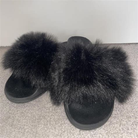 Black Fluffy Slides Never Worn Y2k Glam Designer Depop