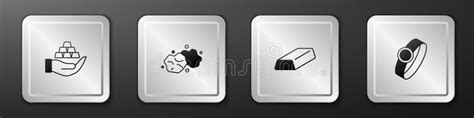 Set Gold Bars In Hand Nugget And Ring Icon Silver Square Button