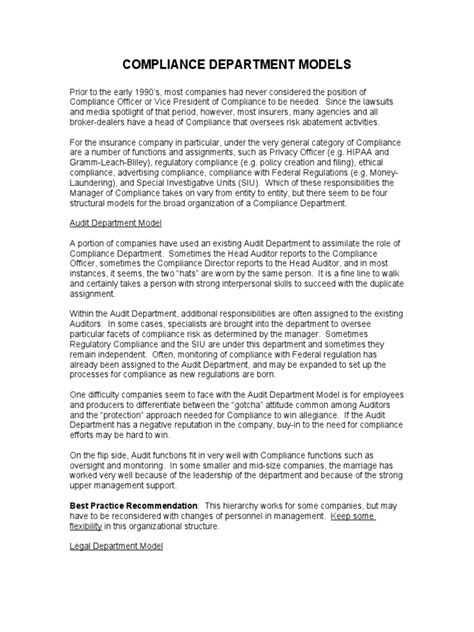 Compliance Department Models Pdf Regulatory Compliance Audit