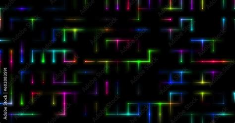 a square grid of multi colored neon lines and crosshairs flaring up and slowly fading out