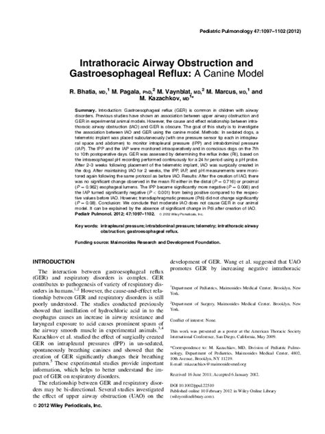 Pdf Intrathoracic Airway Obstruction And Gastroesophageal Reflux A