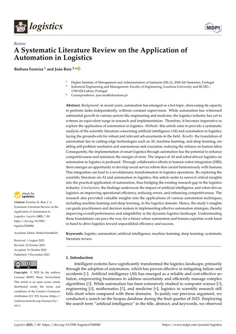 Pdf A Systematic Literature Review On The Application Of Automation In Logistics