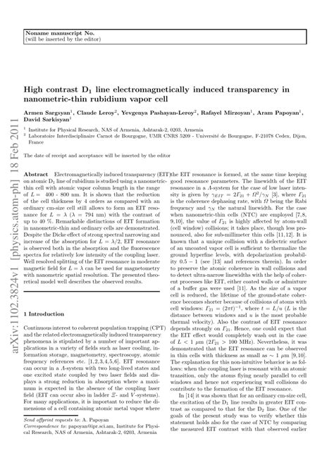 Pdf High Contrast D 1 Line Electromagnetically Induced Transparency
