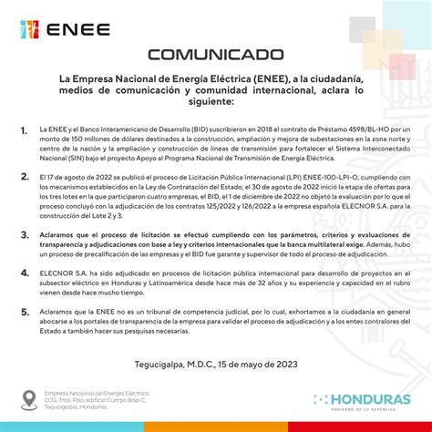 Empresa Nacional de Energía Eléctrica ENEE on Twitter Comunicado