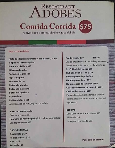 Menu At Restaurant Adobes Puerto Vallarta