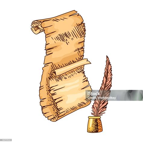 Buku Lama Vektor Kertas Gulir Tua Dengan Quill Antik Vintage Kertas