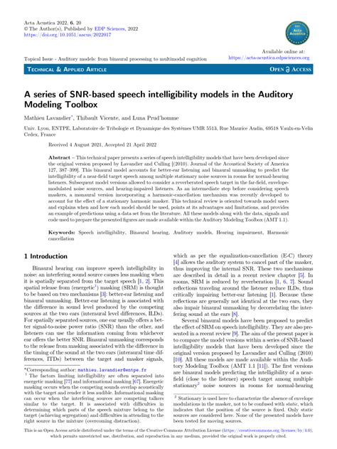 Pdf A Series Of Snr Based Speech Intelligibility Models In The Auditory Modeling Toolbox