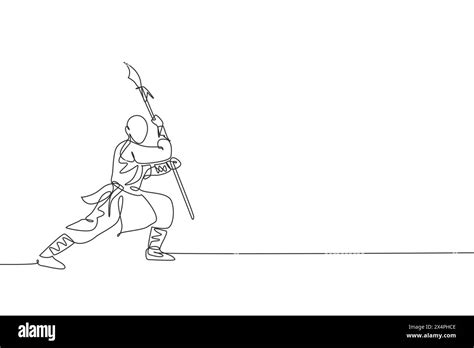 One Single Line Drawing Of Young Energetic Shaolin Monk Man Exercise