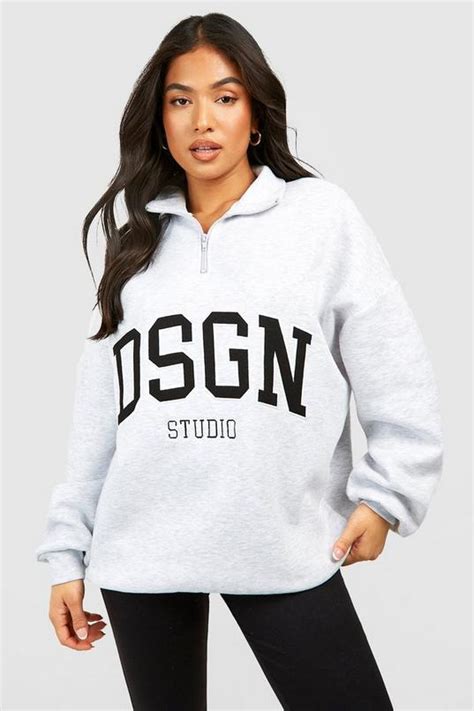 Grey Petite Half Zip Applique Oversized Sweatshirt Boohoo Uk