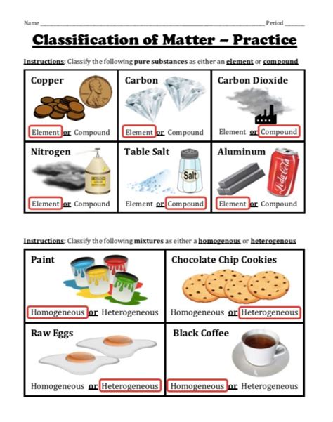 Classification Of Matter Notes And Worksheet Set Element Compound