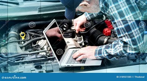 Mechanic Using Laptop For Checking Car Engine Geometric Pattern Stock