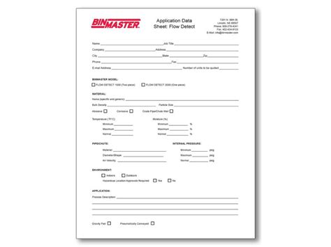 Binmaster Level Sensors Flow Detect Application Worksheet Binmaster