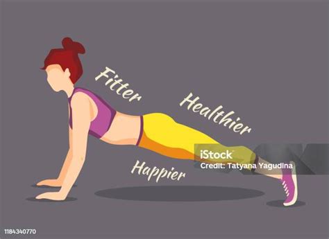 피트니스 스포츠 트레이닝 건강한 라이프 스타일을위한 벡터 일러스트레이션 판자 운동과 동기 부여 슬로건을하고 스포츠웨어의 여성 가냘픈에 대한 스톡 벡터 아트 및 기타 이미지