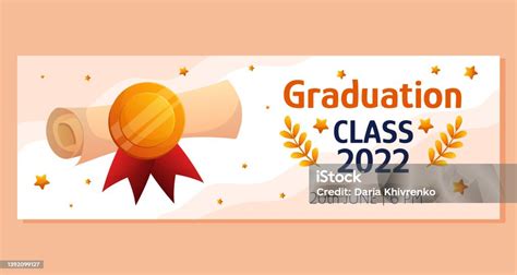스크립트가있는 졸업 수평 배너 빨간 리본과 황금 메달 벡터 레이아웃 템플릿입니다 학위 수여식 초대 학생 인사말 디자인 1위에