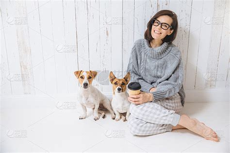 快乐快乐的黑发女性穿着温暖的冬季针织衣服，和她的狗坐在房间里，喝外卖咖啡，在镜头前摆姿势，享受良好的