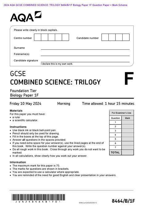 2025 2026 Aqa Gcse Combined Science Trilogy 8464 B 1f Biology Paper 1f