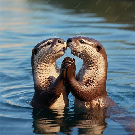 Premium Photo Two Otters That Are Standing In The Water International